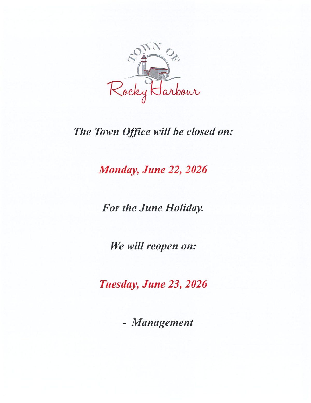 Office Closure | Town of Rocky Harbour